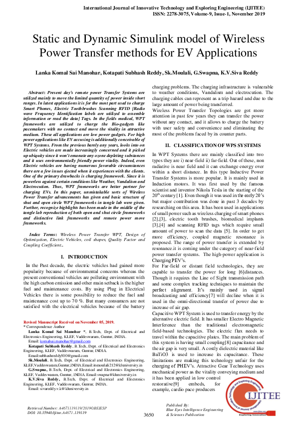 (PDF) Static and Dynamic Simulink model of Wireless Power Transfer methods for EV Applications