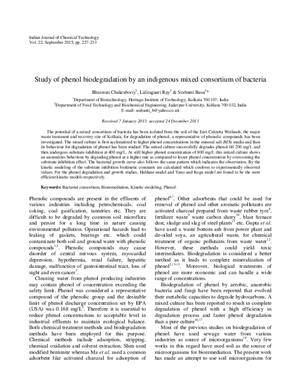 (PDF) Study of phenol biodegradation by an indigenous mixed consortium of bacteria