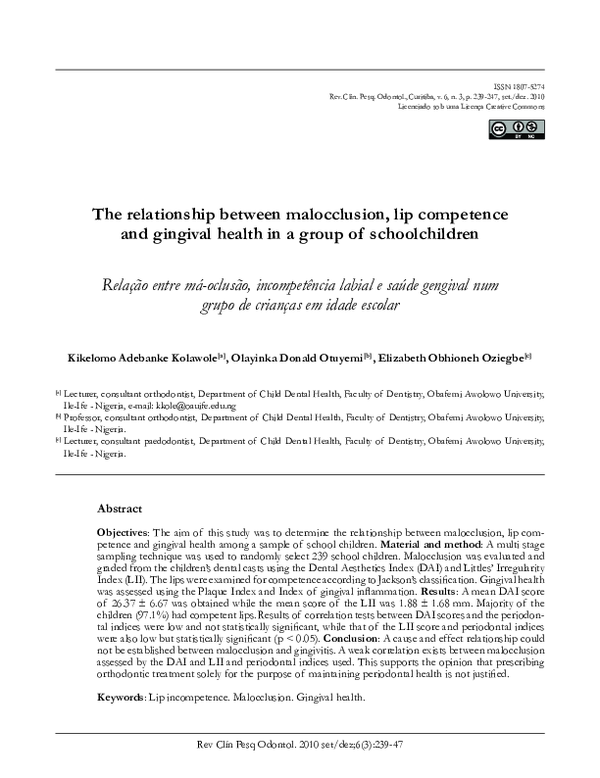 (PDF) The relationship between malocclusion, lip competence and ...