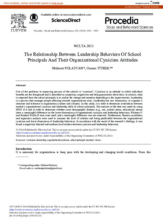 (PDF) The Relationship between Leadership Behaviors of School Principals and their ...