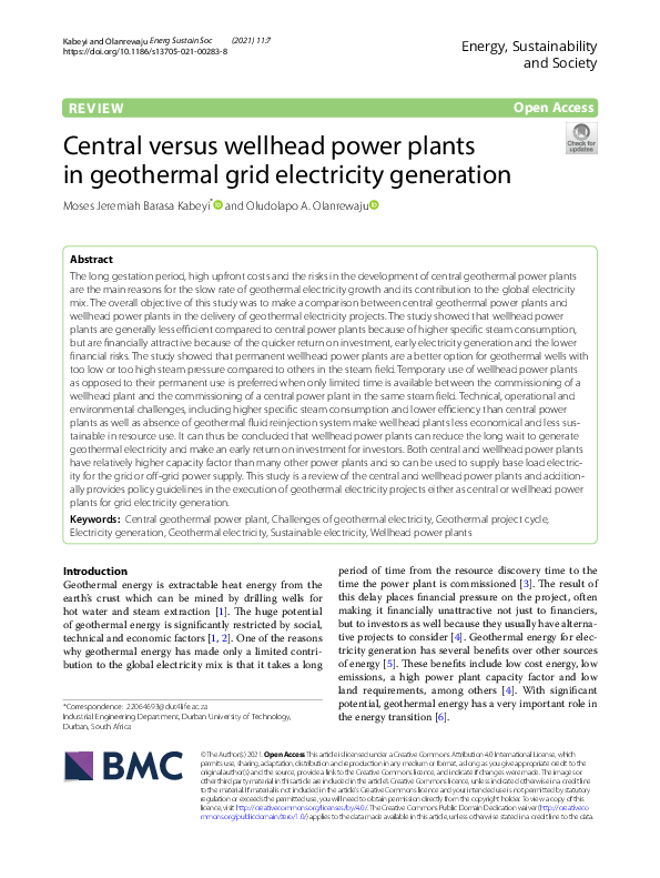 (PDF) Central versus wellhead power plants in geothermal grid ...