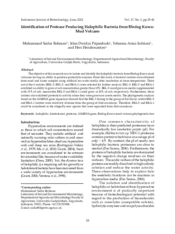 (PDF) Identification of Protease Producing Halophilic Bacteria from Bledug KuwuMud Volcano
