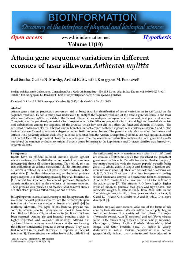 (PDF) Attacin gene sequence variations in different ecoraces of tasar ...