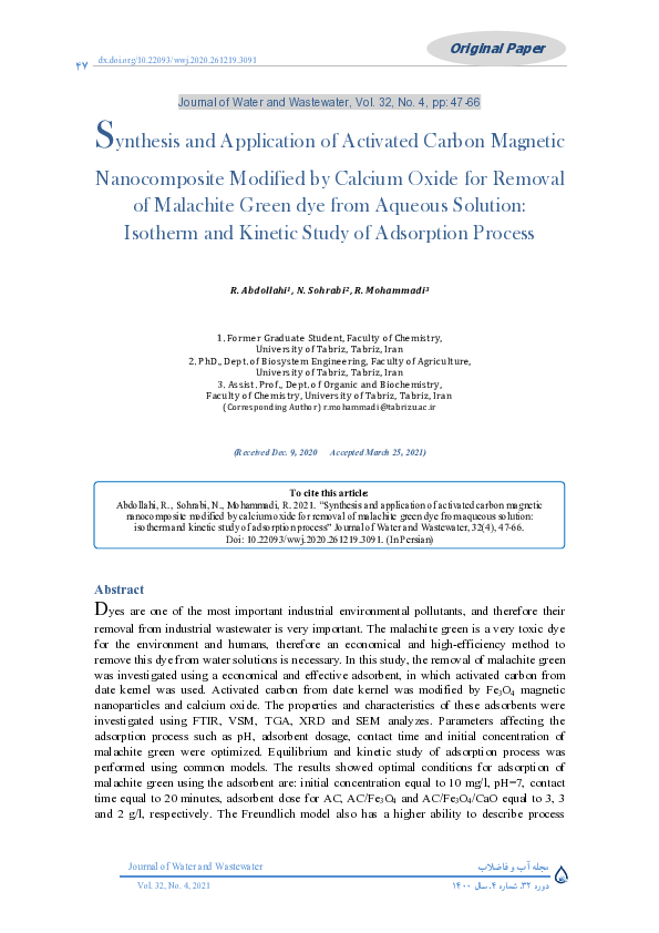 (PDF) Synthesis and Application of Activated Carbon Magnetic Nanocomposite Modified by Calcium ...