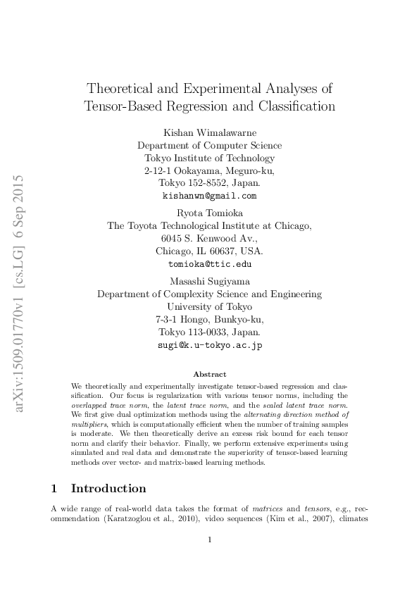 (PDF) Theoretical and Experimental Analyses of Tensor-Based Regression and Classification