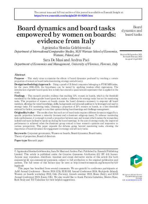 (PDF) Board dynamics and board tasks empowered by women on boards ...