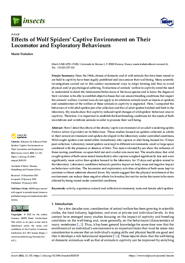 (PDF) Effects of Wolf Spiders’ Captive Environment on Their Locomotor and Exploratory Behaviours
