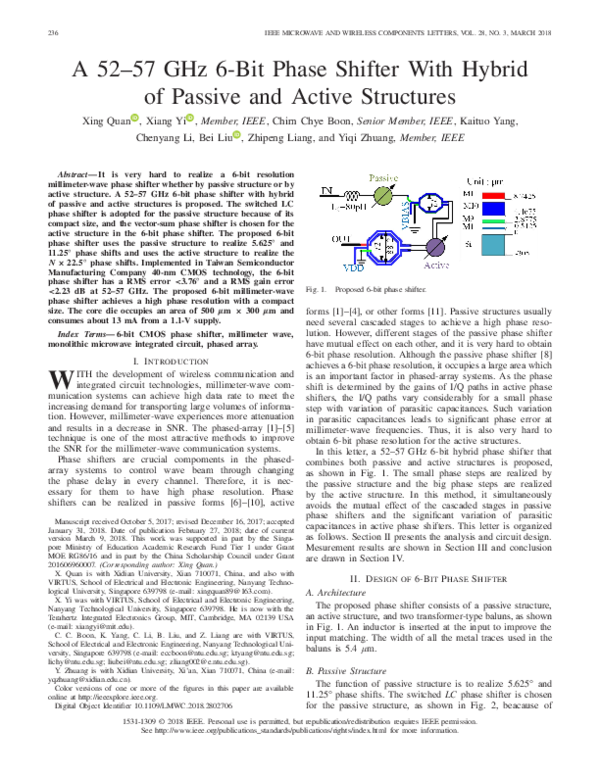 (PDF) A 52–57 GHz 6-Bit Phase Shifter With Hybrid of Passive and Active ...