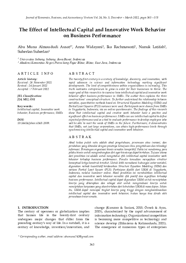 (PDF) The Effect of Intellectual Capital and Innovative Work Behavior on Business Performance
