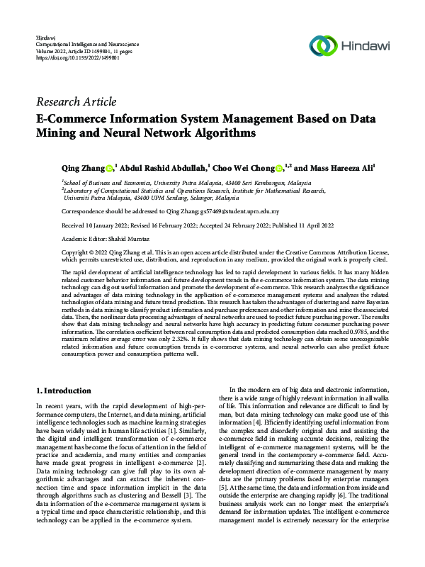 Pdf E Commerce Information System Management Based On Data Mining And Neural Network Algorithms