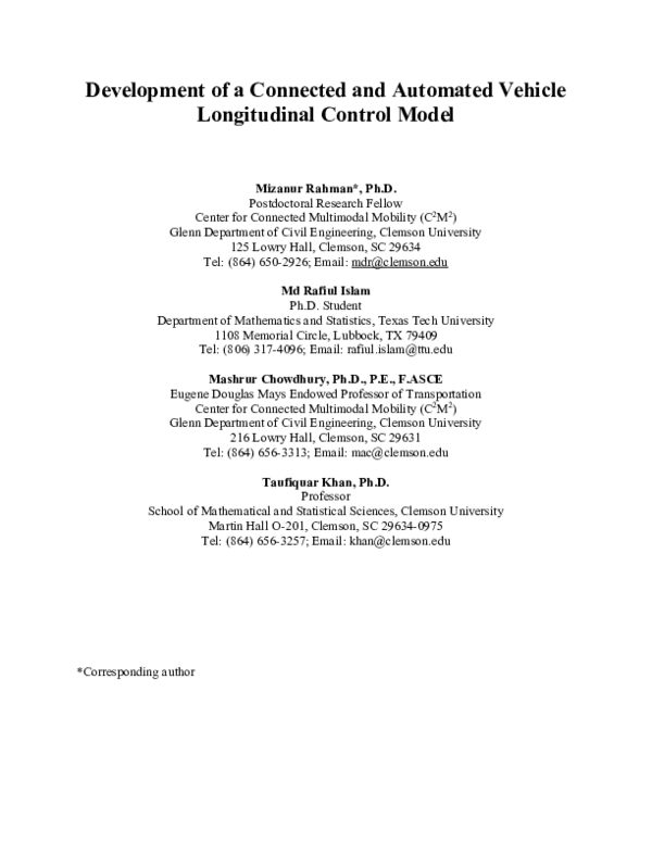 (PDF) Development of a Connected and Automated Vehicle Longitudinal Control Model