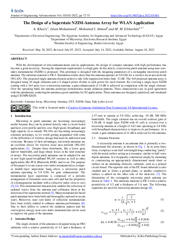 (PDF) The Design of a Superstate NZIM-Antenna Array for WLAN Application