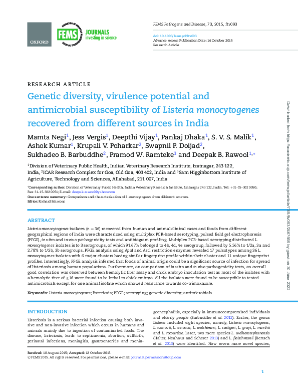 (PDF) Genetic diversity, virulence potential and antimicrobial susceptibility ofListeria ...
