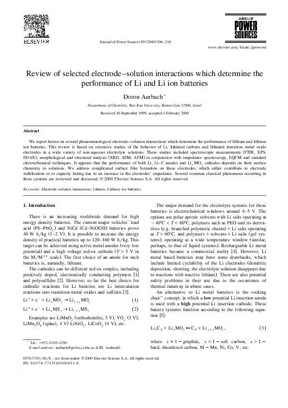 (PDF) Review of selected electrode–solution interactions which determine the performance of Li ...