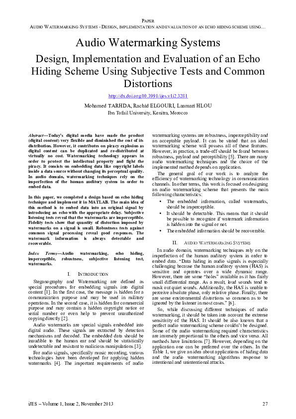 Pdf Audio Watermarking Systems Design Implementation And Evaluation Of An Echo Hiding