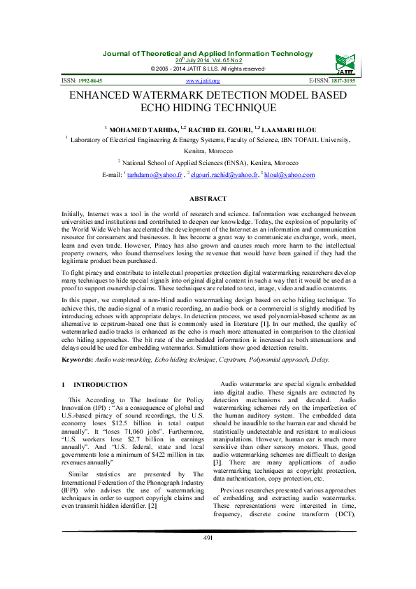(PDF) Enhanced Watermark Detection Model Based Echo Hiding Technique