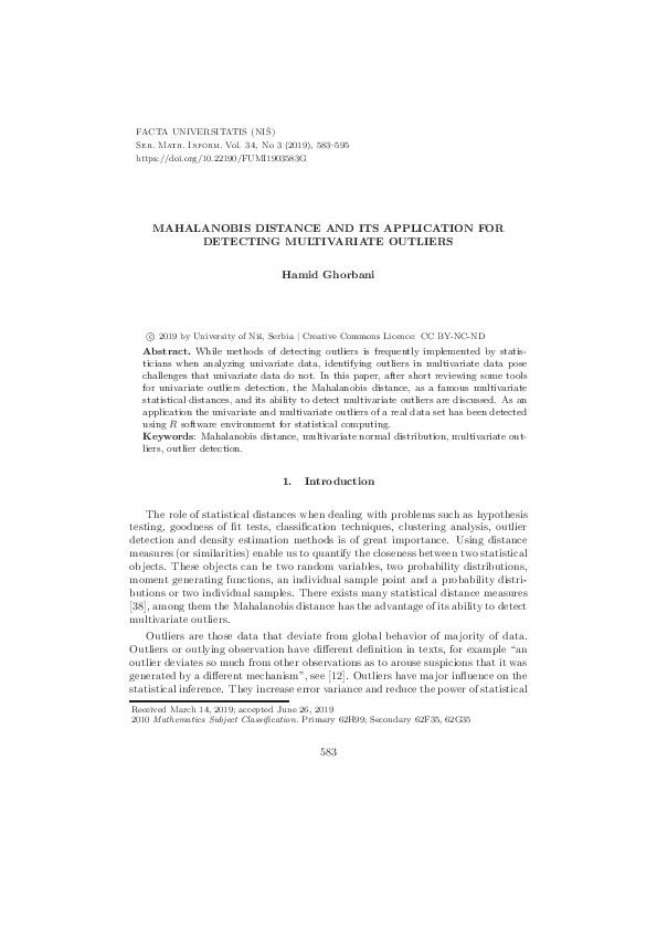 (PDF) Mahalanobis Distance and Its Application for Detecting Multivariate Outliers