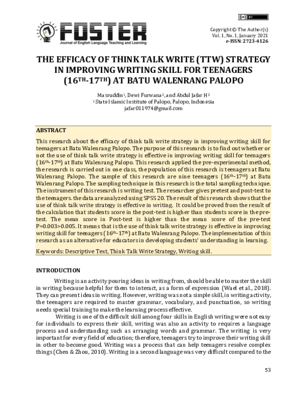 (PDF) The Efficacy of Think Talk Write Strategy in Improving Writing Skill for Teeneagers at ...
