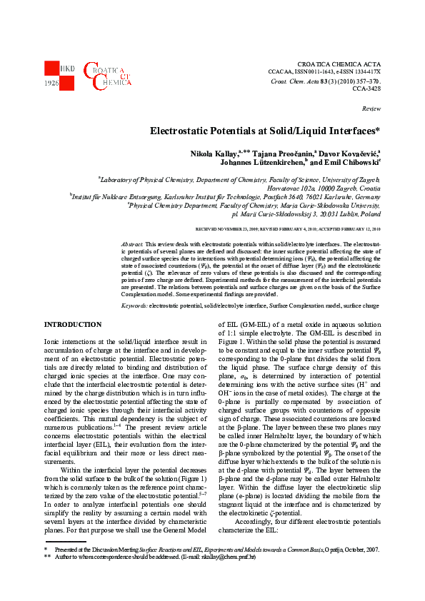 (PDF) Electrostatic potentials at solid/liquid interfaces