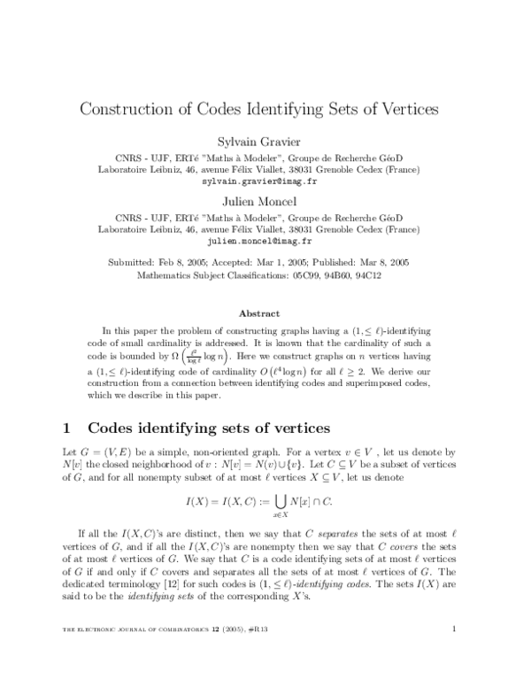 (PDF) Construction of Codes Identifying Sets of Vertices
