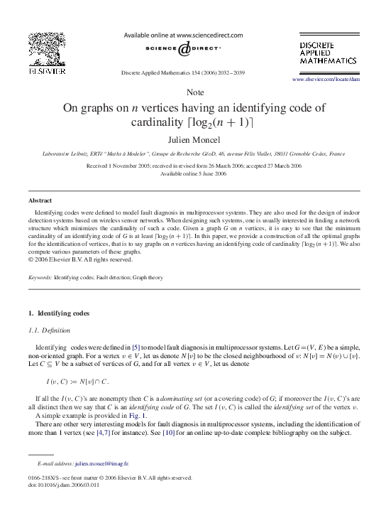 (PDF) On graphs on n vertices having an identifying code of cardinality ⌈log2(n+1)⌉