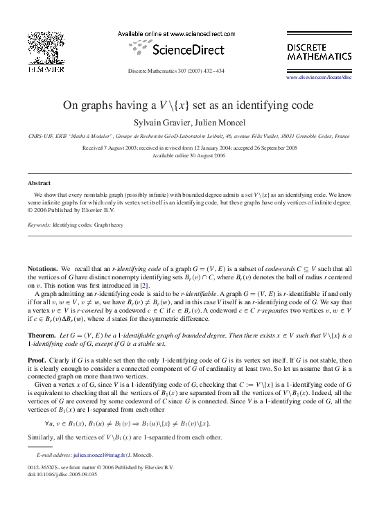 (PDF) On graphs having a V⧹{x} set as an identifying code
