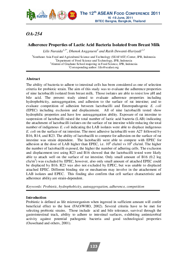 (PDF) Adherence Properties of Lactic Acid Bacteria Isolated from Breast Milk