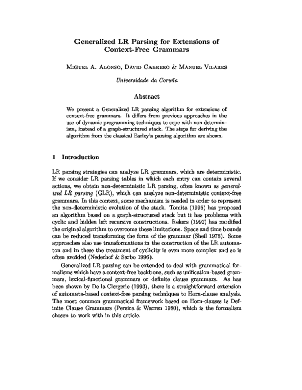 Pdf Generalized Lr Parsing For Extensions Of Context Free Grammars