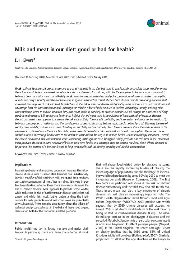 (PDF) Milk and meat in our diet: good or bad for health?