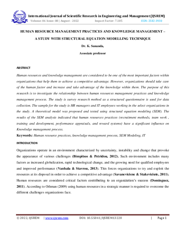 Pdf Human Resource Management Practices And Knowledge Management A 1869