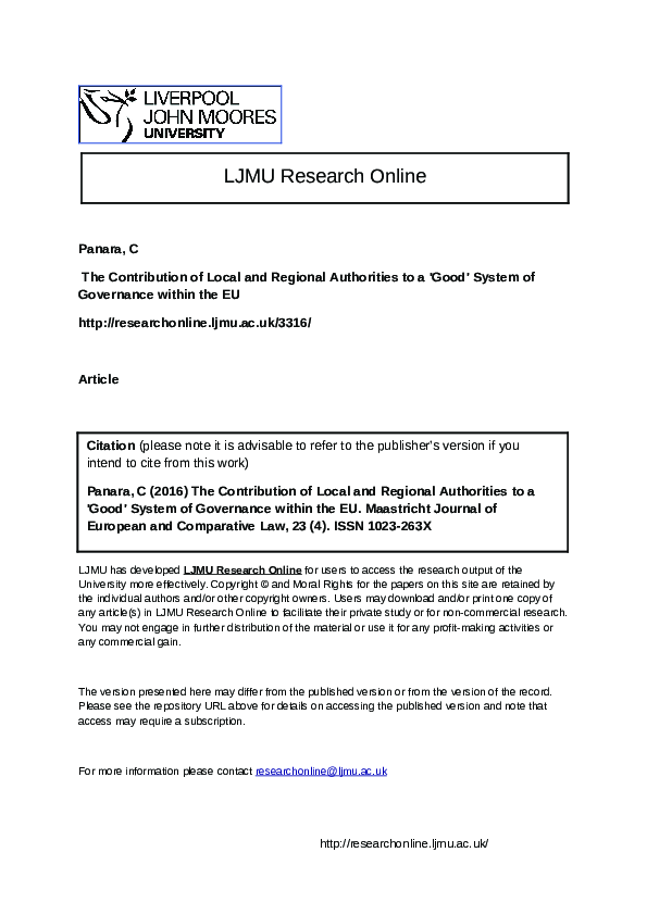 (PDF) The Contribution of Local and Regional Authorities to a ‘Good ...