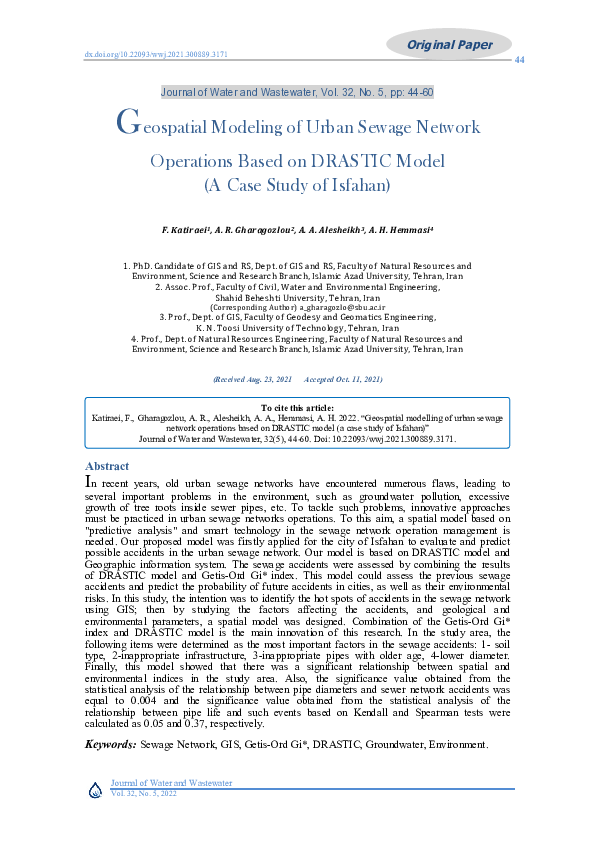 Pdf Geospatial Modeling Of Urban Sewage Network Operations Based On Drastic Model A Case