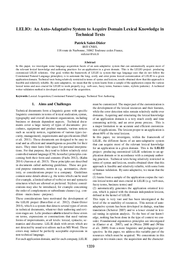 (PDF) LELIO: An Auto-Adaptative System to Acquire Domain Lexical Knowledge in Technical Texts