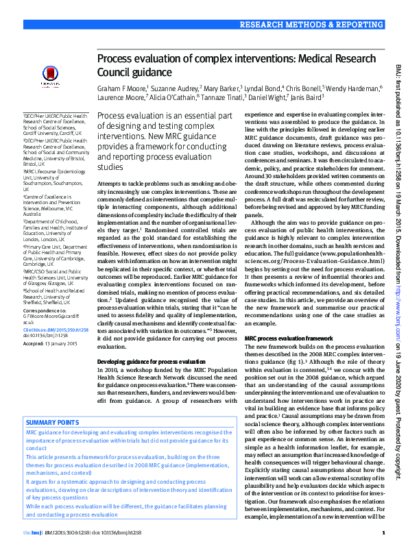 (PDF) Process evaluation of complex interventions: Medical Research Council guidance | Mary ...