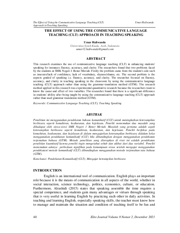 (PDF) The Effect of Using the Communicative Language Teaching (CLT) Approach in Teaching Speaking