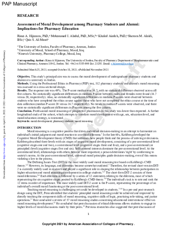 (PDF) Assessment of Moral Development among Pharmacy Students and ...