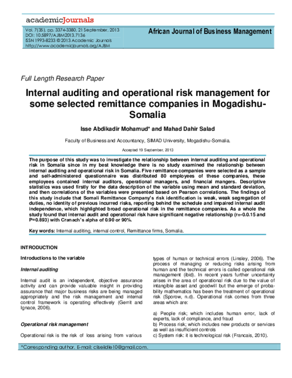 (PDF) African Journal of Business Management Internal auditing and operational risk management ...