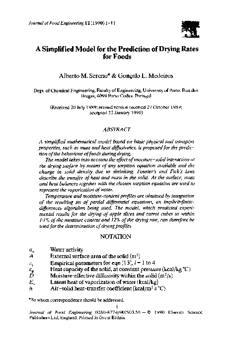 (PDF) A simplified model for the prediction of drying rates for foods