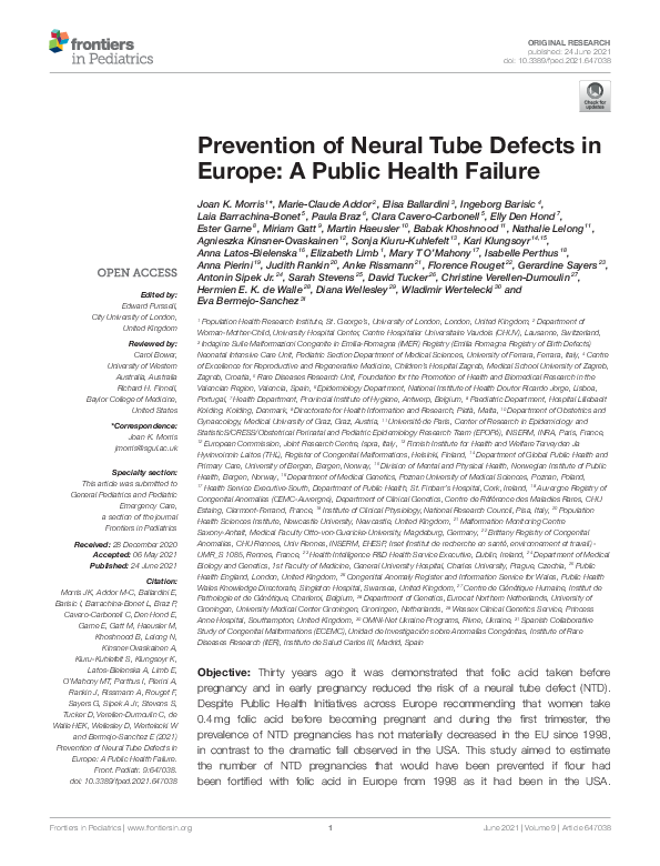 (PDF) Prevention of Neural Tube Defects in Europe: A Public Health Failure