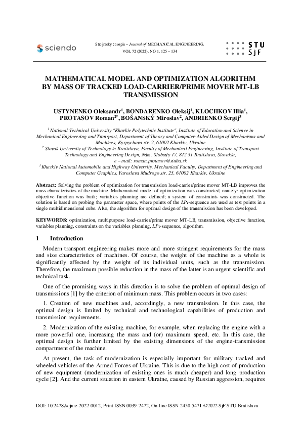 (PDF) Mathematical Model and Optimization Algorithm By Mass of Tracked Load-Carrier/Prime Mover ...
