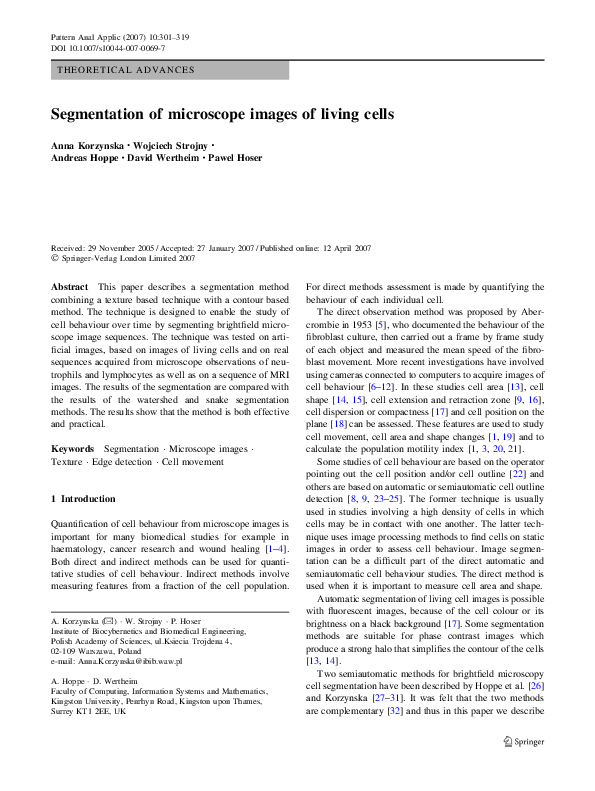 (PDF) Segmentation of microscope images of living cells