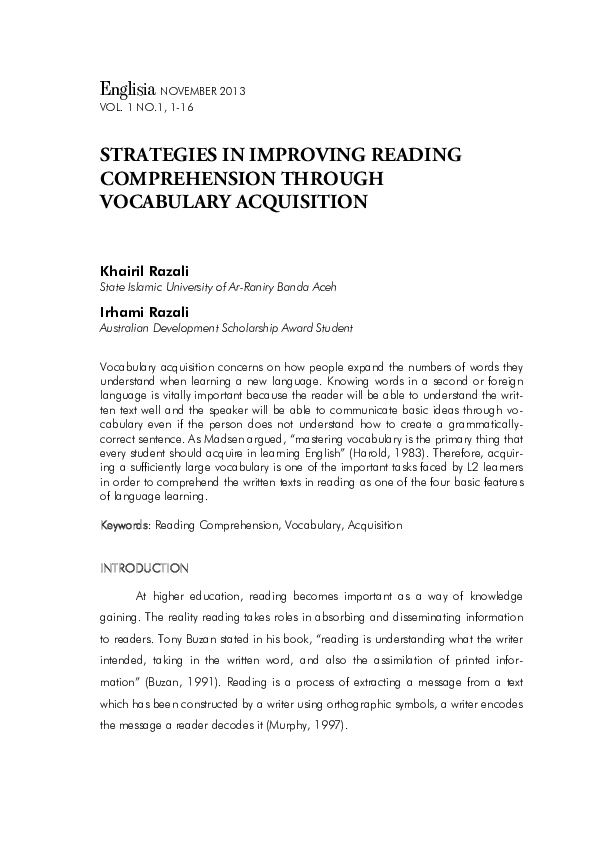 (PDF) Strategies in Improving Reading Comprehension Through Vocabulary Acquisition