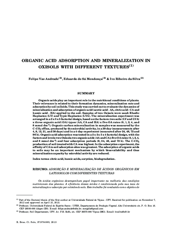 (PDF) Organic acid adsorption and mineralization in oxisols with ...