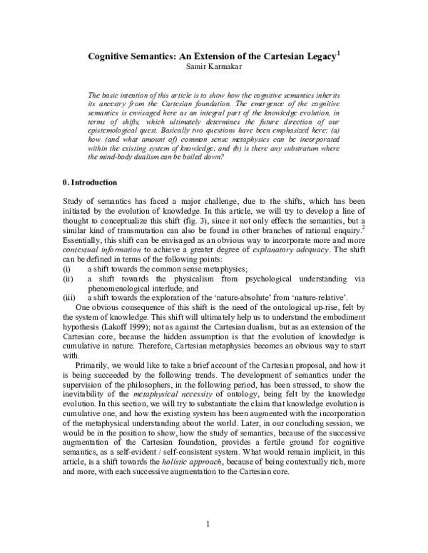 Pdf Cognitive Semantics An Extension Of The Cartesian Legacy