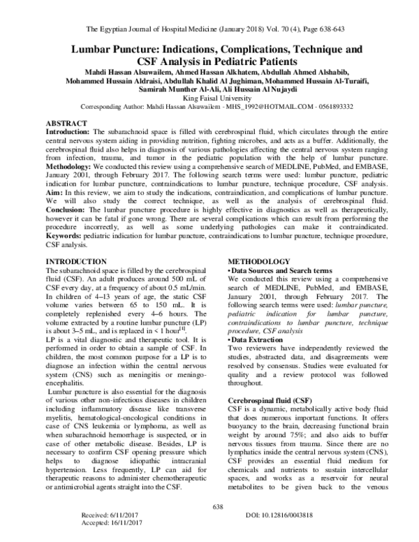 (PDF) Lumbar Puncture : Indications, Complications, Technique and CSF ...
