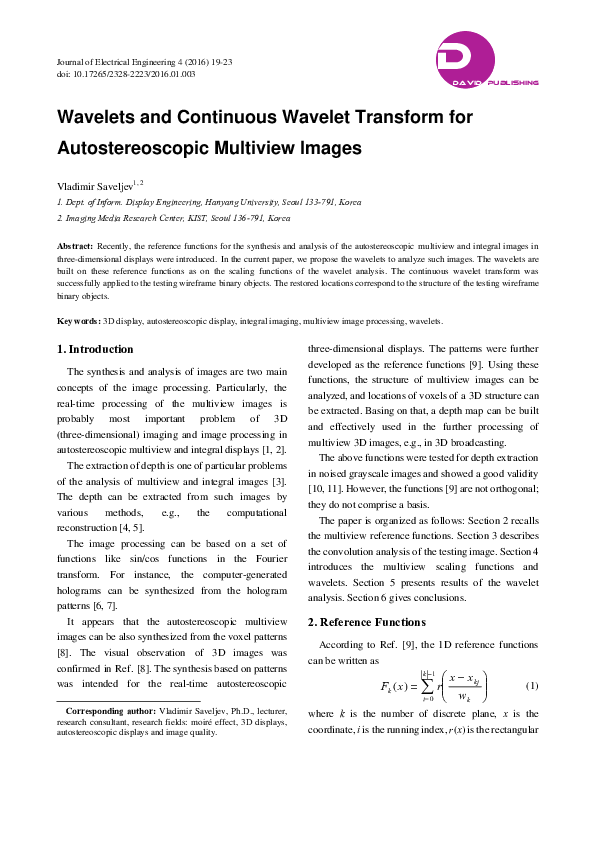 (PDF) Wavelets and Continuous Wavelet Transform for Autostereoscopic Multiview Images | Irina ...