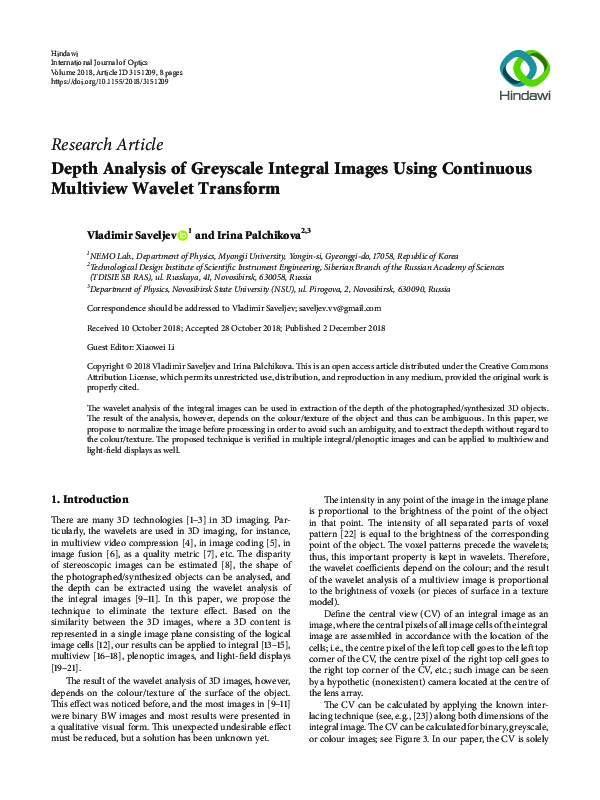 (PDF) Depth Analysis of Greyscale Integral Images Using Continuous Multiview Wavelet Transform