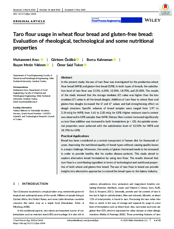 (PDF) Taro flour usage in wheat flour bread and gluten‐free bread ...