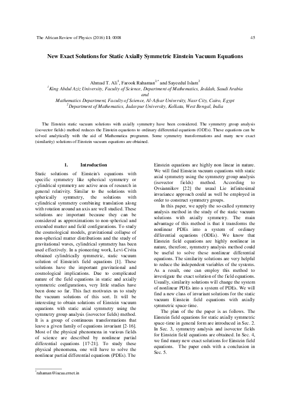 (PDF) New Exact Solutions for Static Axially Symmetric Einstein Vacuum ...