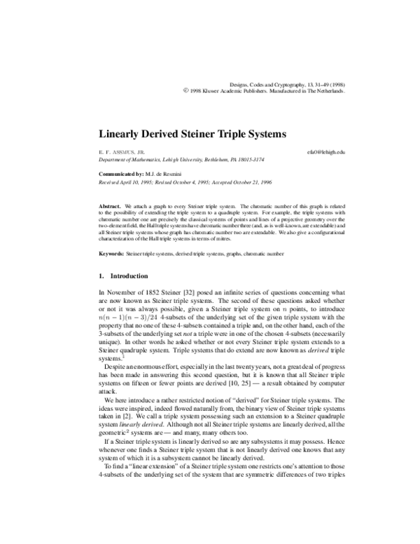(PDF) Linearly Derived Steiner Triple Systems